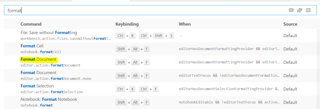 Format code in visual studio code using shortcut and menu