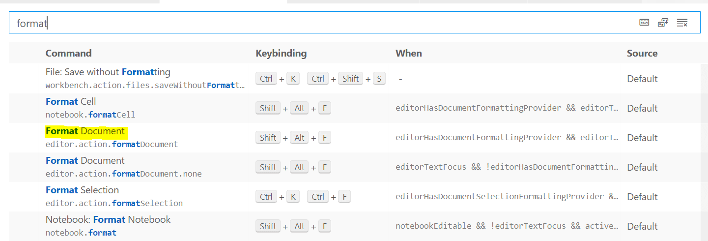 Format code in visual studio code using shortcut and menu