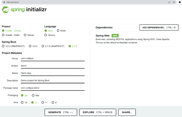 Generate a spring boot project using initializr and STS