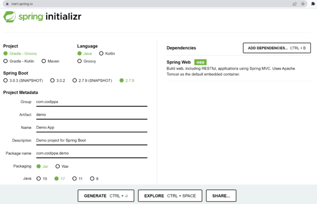 Generate a spring boot project using initializr and STS